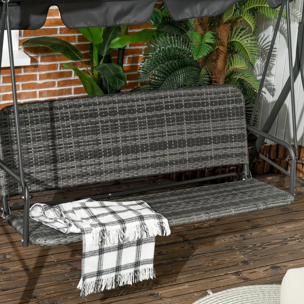 Outsunny zahradní houpačka pro tři osoby s nastavitelnou stříškou, sedadlo z PE ratanu a opěrkami na balkón, terasu, patio, nosnost 240 kg, 167x112x1…