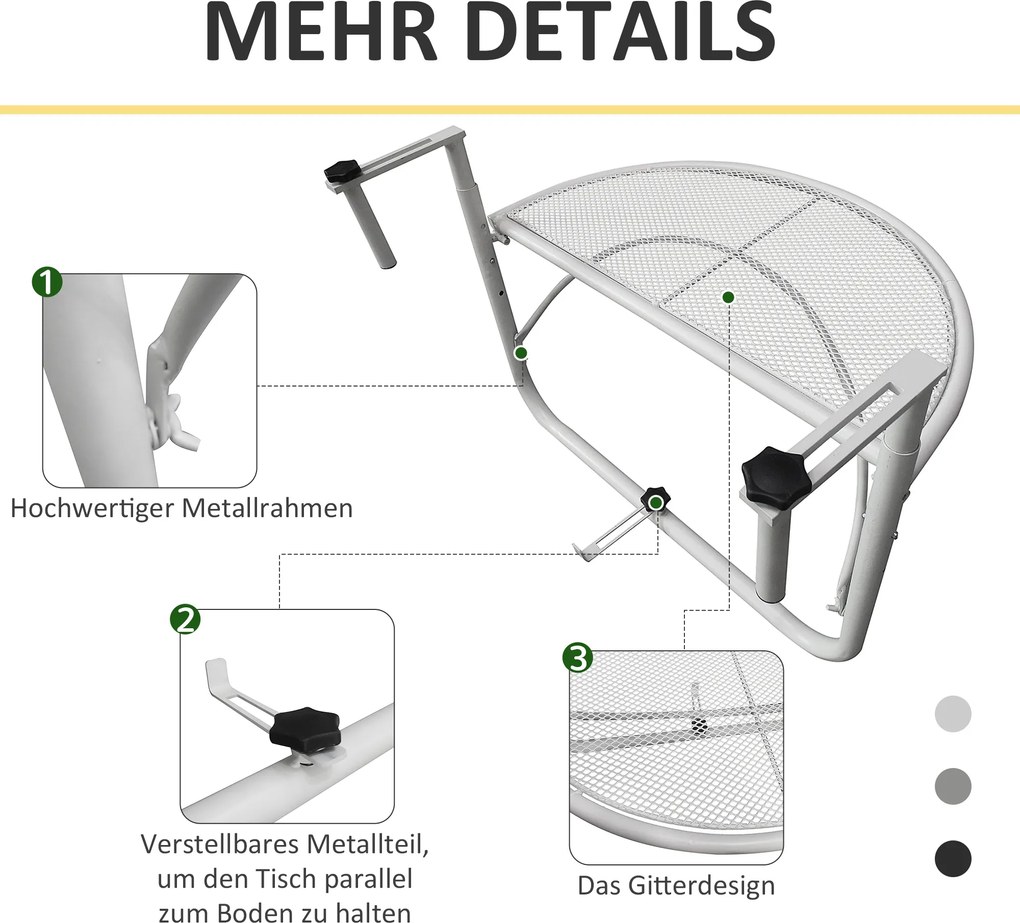 Outsunny balkonový závěsný stolek výškově nastavitelný půlkruhový zahradní stolek Ø30 cm na terasu Kov Bílá D60 x Š45 x V50 cm | Aosom.de