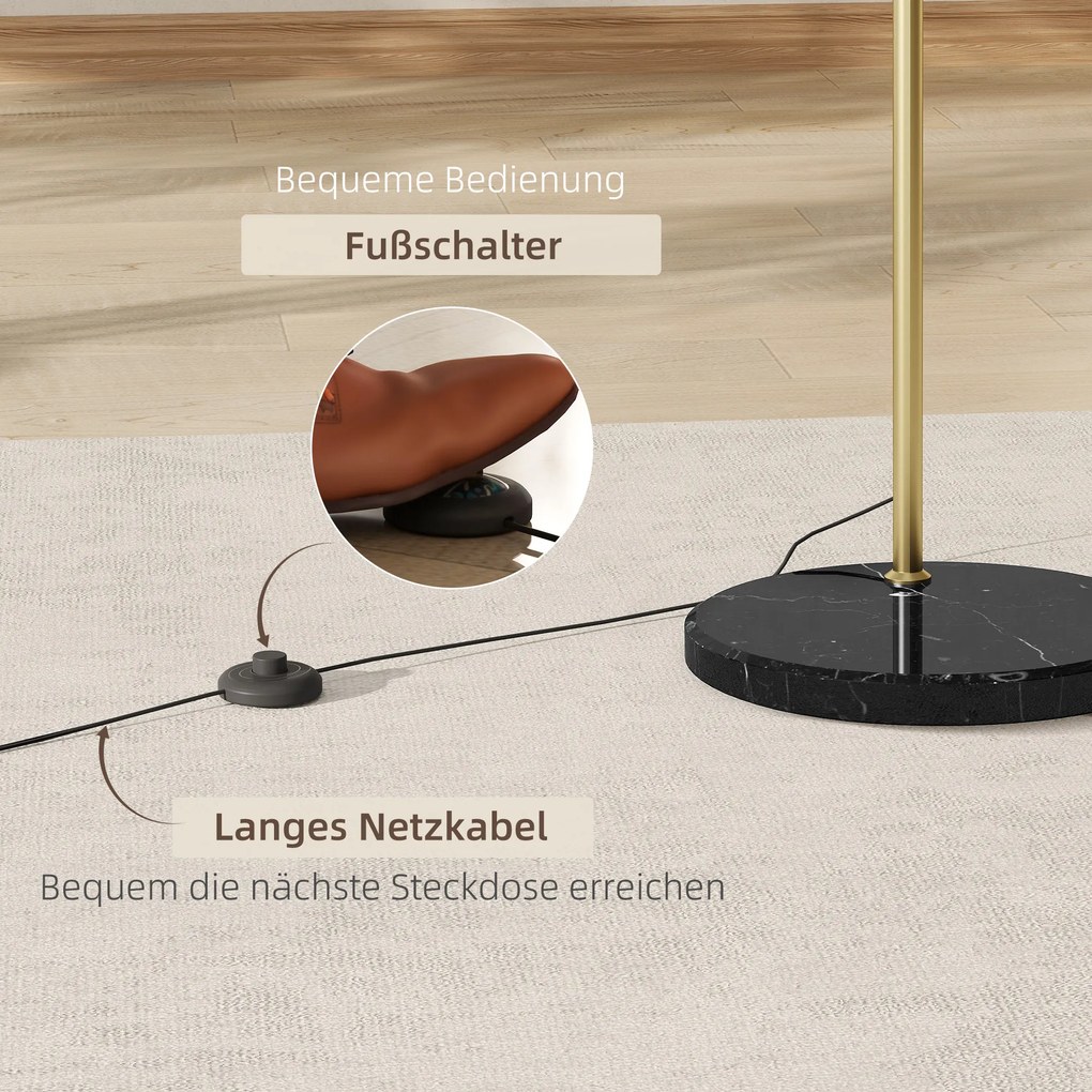 HOMCOM Oblouková lampa, stojací lampa, výškově nastavitelná, nožní vypínač, podstavec s efektem mramoru, 170-180cm, zlatá/černá