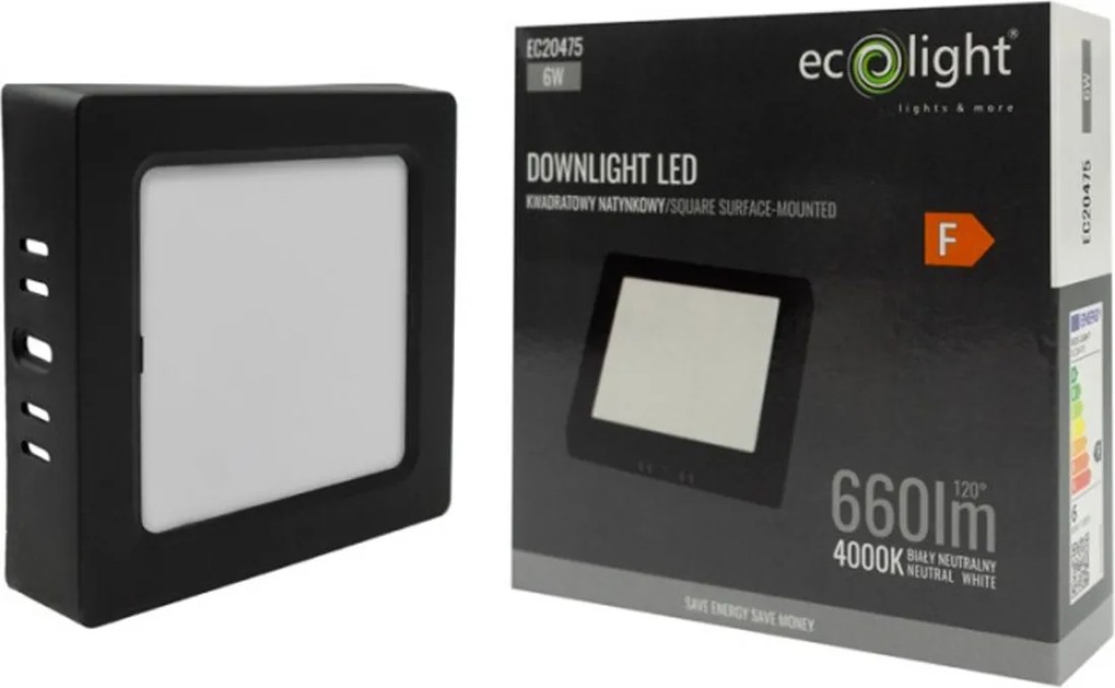 LED přisazený stropní panel – čtverec, 6 W, 660 lm, černý