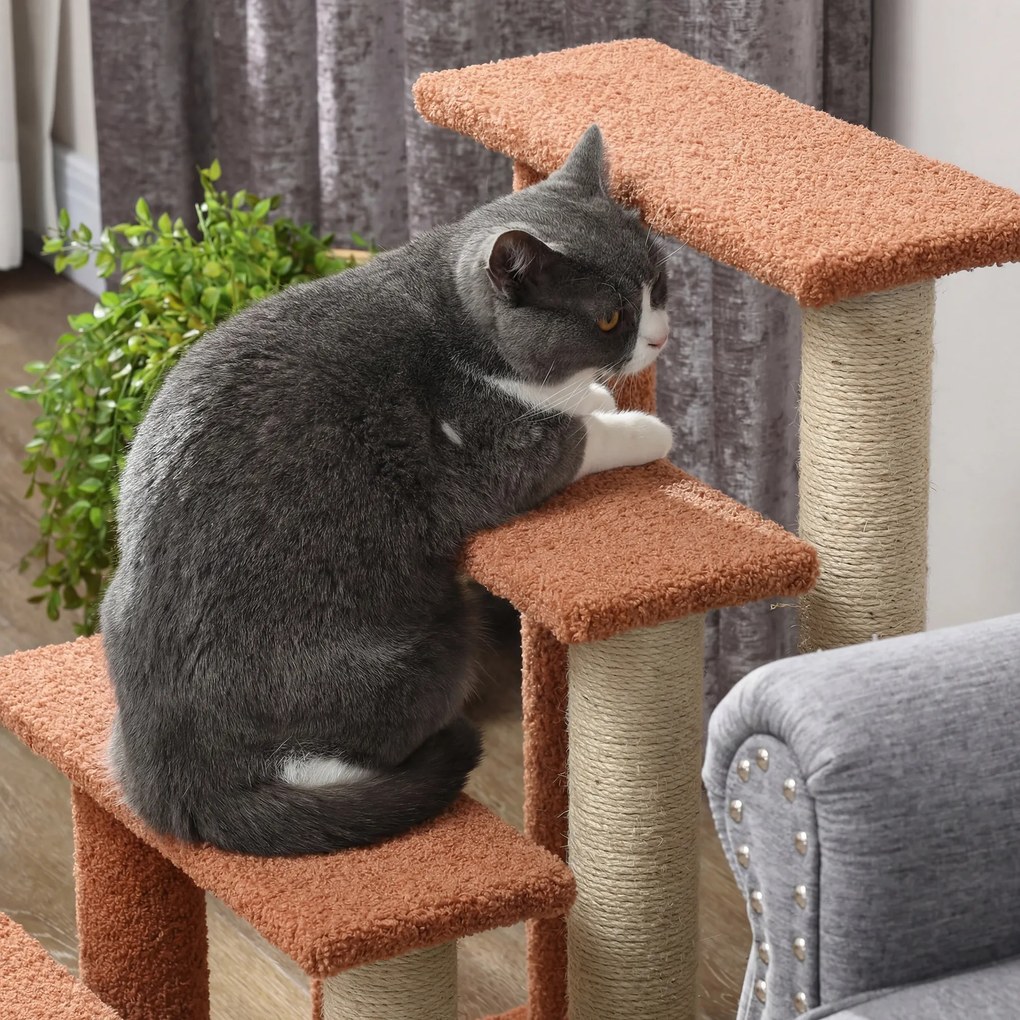 PawHut 4stupňové schody pro kočky se škrabadlem pro domácí mazlíčky do 5 kg, schody pro psy s míčkem na hraní, plyš, hnědá, 60 x 40 x 64 cm | Aosom.de