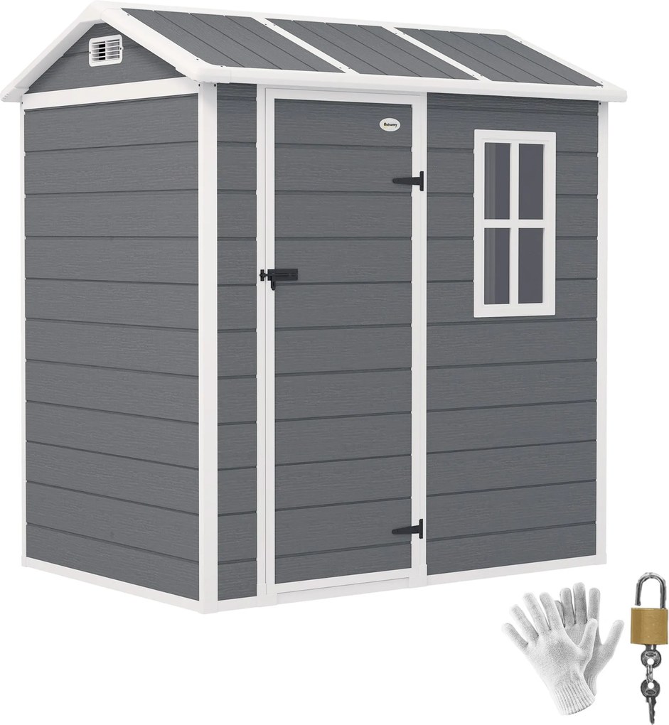 Outsunny Plastový Kůlna na Nástroje 2,1m² 186 x 130 x 199cm Zahradní Kůlna s Šikmou Střechou, Podlahou, Okénkem, Zámkem a Odolností proti Počasí pro Z