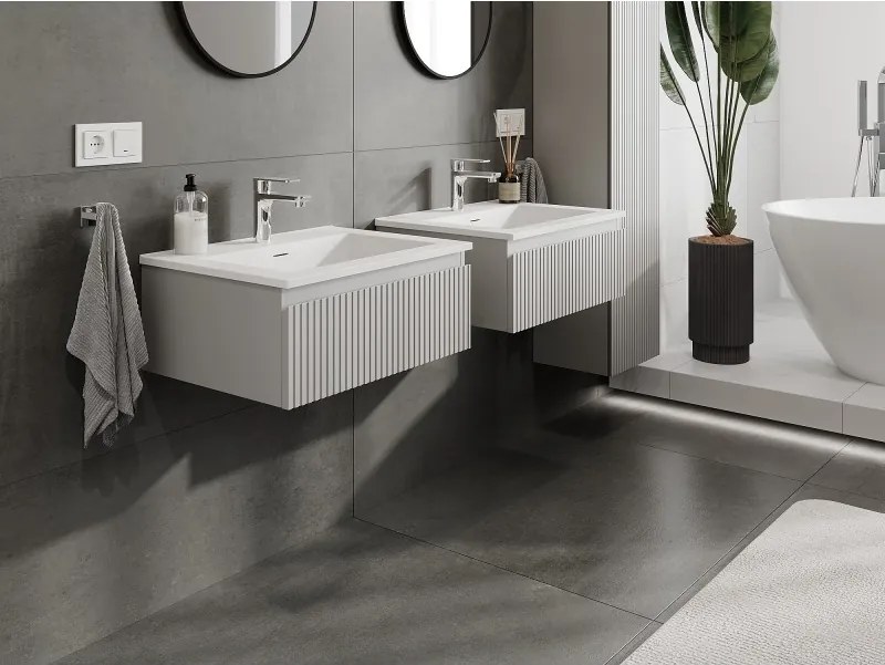 Mexen Rivel, koupelnová skříňka 60 cm s umyvadlem Otis, 1 zásuvka, drážkovaná, šedá matná/bílá, 91A20-06023-1-BF62-W18M01