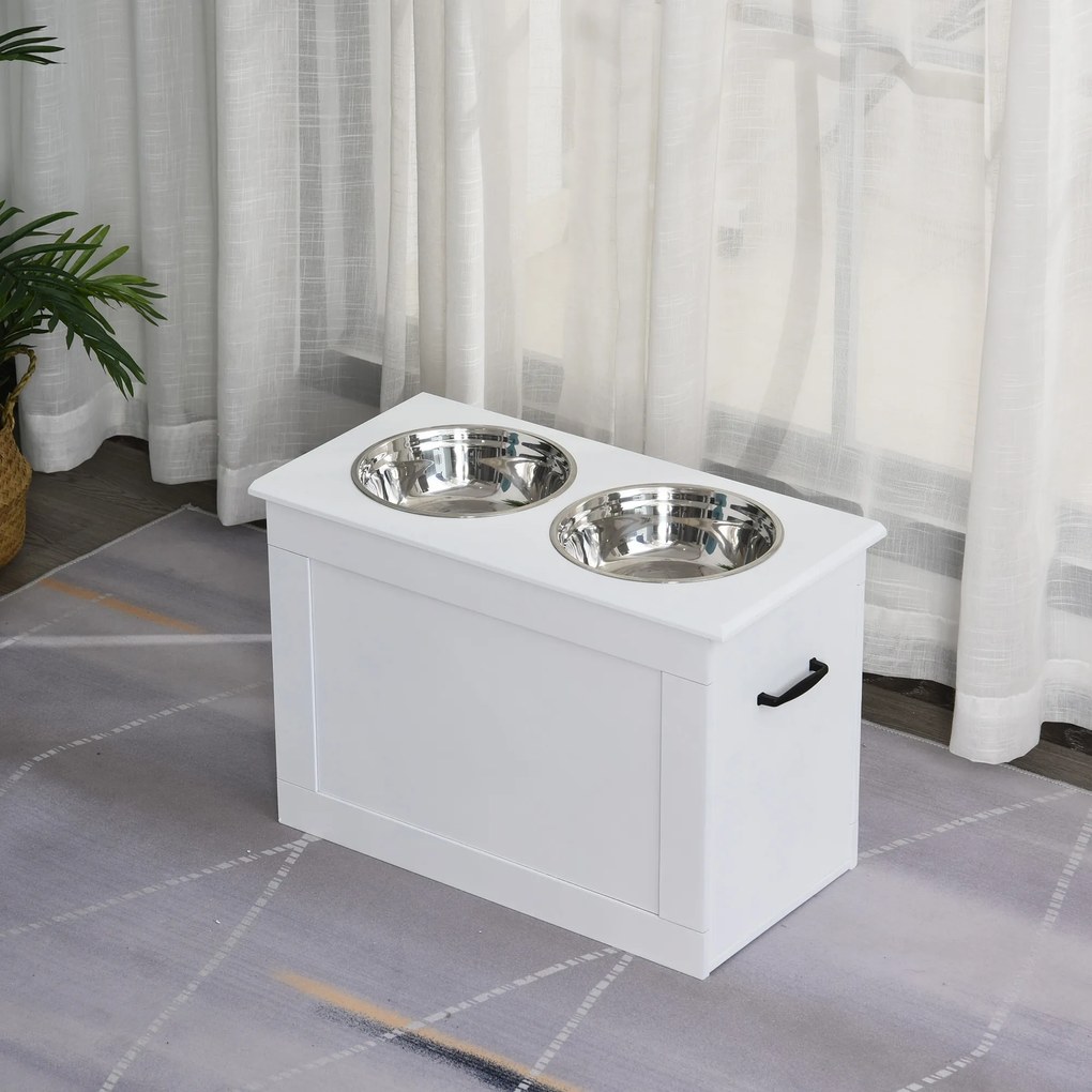 PawHut miska na krmivo pro psy s úložným prostorem 2 nerezové misky 60x30x41cm v bílé barvě pro psy