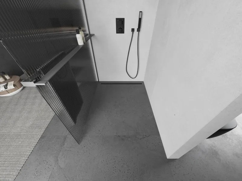 Mexen Kioto+ L, sprchová zástěna Walk-In s poličkou a věšákem 90 x 200 cm, 8mm sklo s žebrovým vzorem, grafitový profil, 800-090-123-95-09