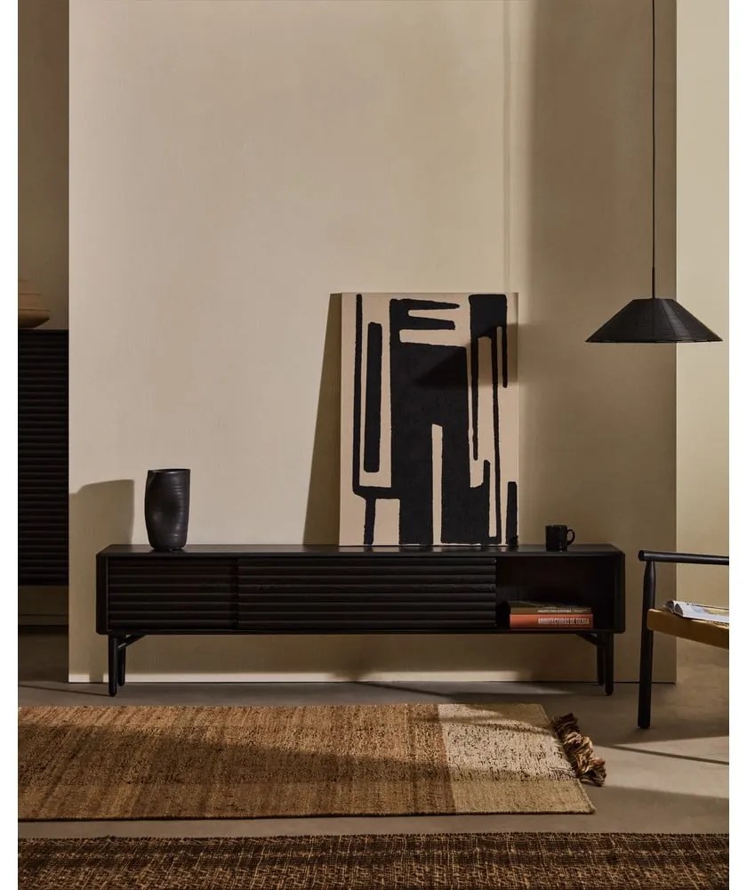 Černý TV stolek v dekoru dubu 200x57x35 cm Lenon – Kave Home