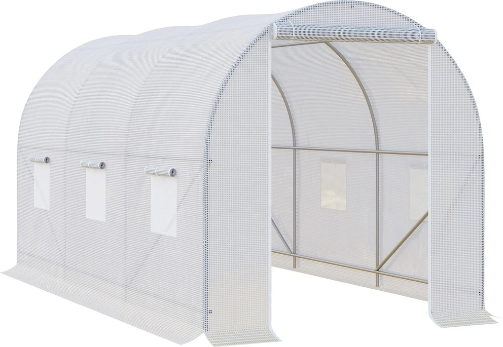 Outsunny Zahradní Skleník 3,5x2x2 m Tunelový Skleník s 6 Okny z Tkaniny a Zipovým Vchodem, UV-Odolný Skleník pro Terasu nebo Zahradu Bílý