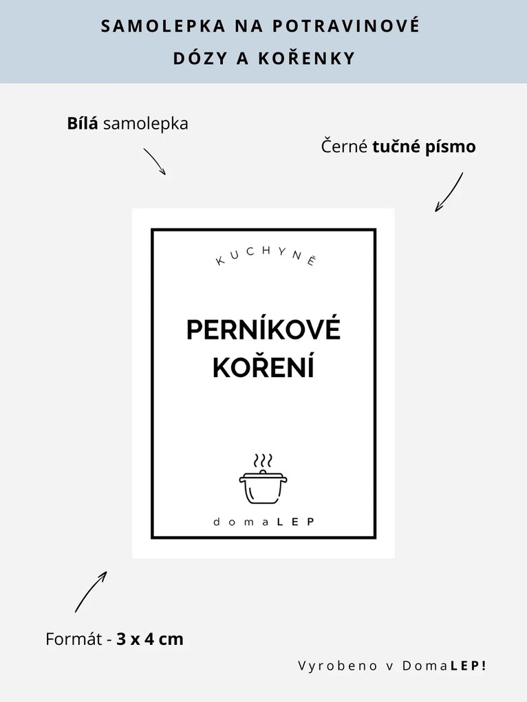 Samolepka na kořenky PERNÍKOVÉ KOŘENÍ bílá 3 × 4 cm tučné písmo