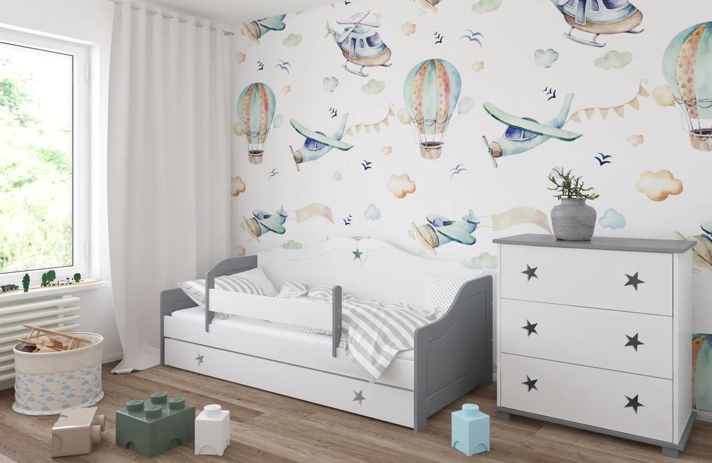 BabyBeds Dětská postel FRANIO hvězdičky Velikost postele: 180x80 cm, Barevné provedení: bílá a šedá, Úložný prostor: Ano, s úložným prostorem Bílá