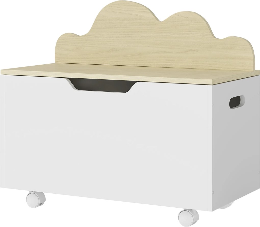 AIYAPLAY dětský box na hračky s kolečky, sklápěcí víko s bezpečnostním pantem, design mraků, bílá a přírodní