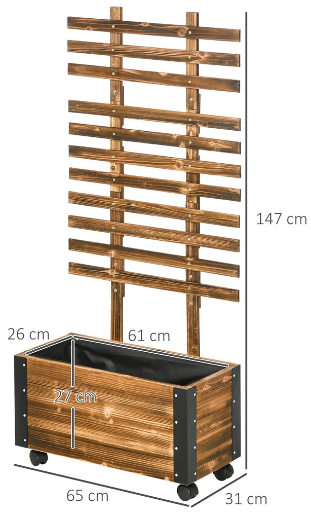 Vyvýšený záhon Outsunny s mříží a kolečky, truhlík na květiny pro popínavé rostliny, truhlík na květiny z ohořelého dřeva, 65 x 31 x 147 cm