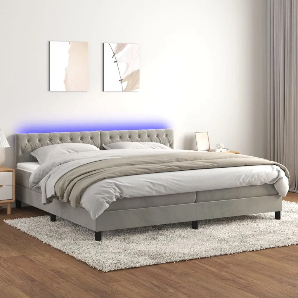 Box spring postel s matrací a LED světle šedá 200x200 cm samet 3134603