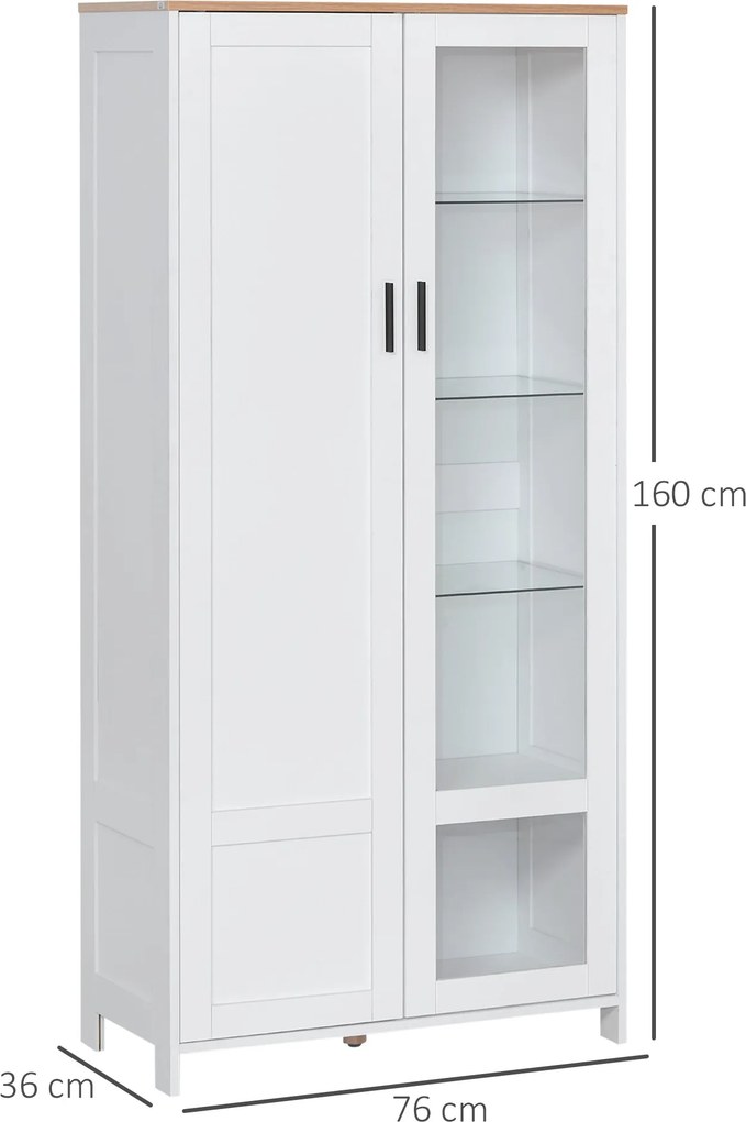 HOMCOM Kuchyňská skříň s prosklenými dvířky, nastavitelné police a zvýšené nohy pro jídelnu 76x36x160 cm Bílá