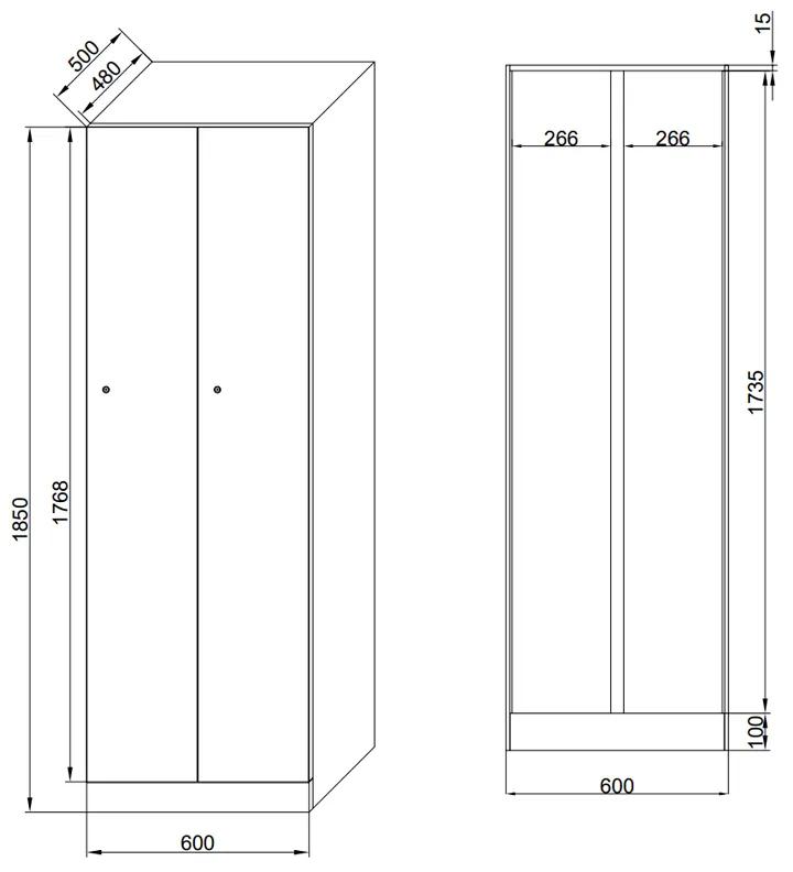 Kovová šatní skříňka, 2-dveřová, 1850 x 600 x 500 mm, otočný zámek, laminované dveře, bílá