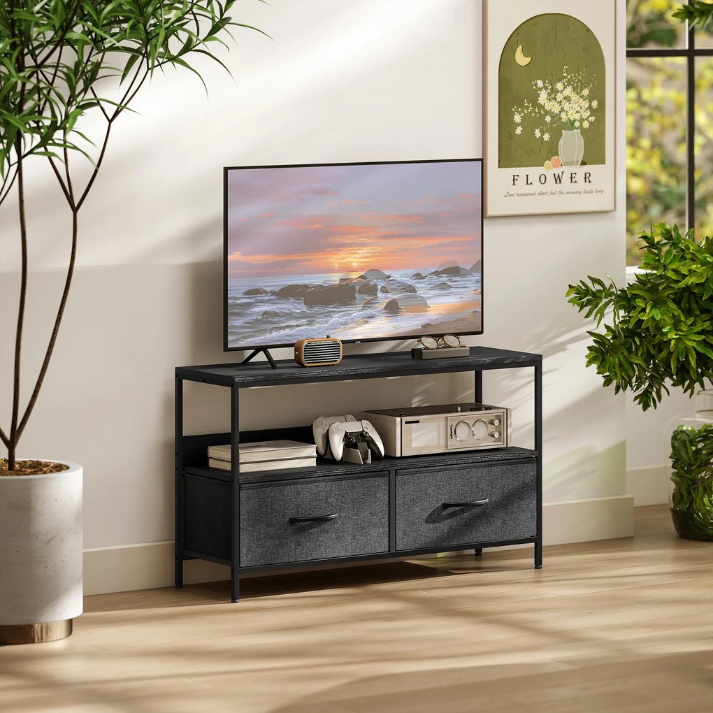 HOMCOM TV skříňka Lowboard se 2 zásuvkami, otevřeným prostorem, pro televizory do 47 palců, 98 x 29 x 56 cm, černá + tmavě šedá