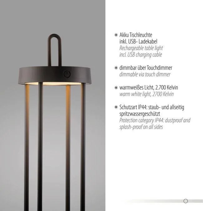 LD 19301-18 ANSELM LED stolní lampa na baterie černá 50cm dotykový stmívač IP44 zahradní svítidlo 2700K - JUST LIGHT