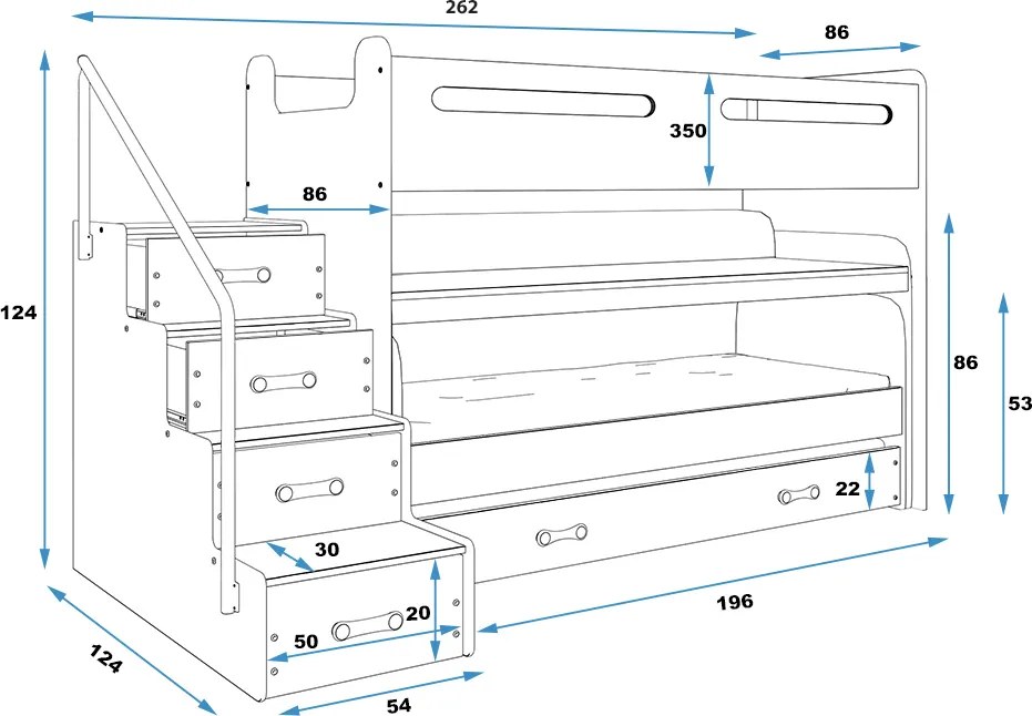 SMB Dětská patrová postel se stolem a šuplíky MAXI 3, 80x200+80x190 cm Barva šuplíku: Bílá