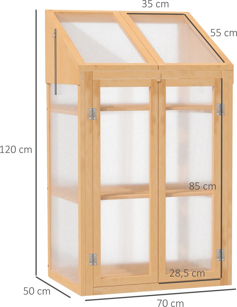 Outsunny Mini skleník, malý skleník s dřevěným rámem, okno a dvojité dveře, 3 police, 70L x 50B x 120V cm, hnědý