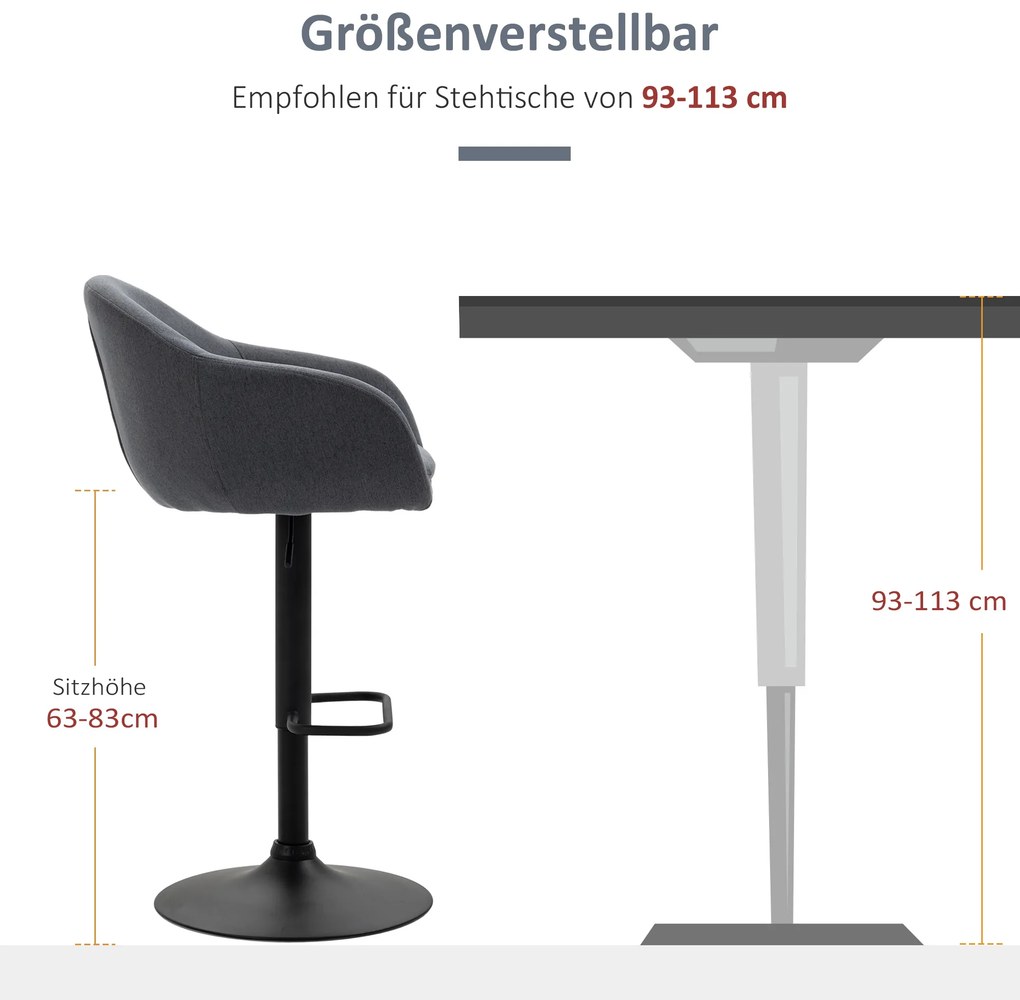 HOMCOM Barová židle výškově nastavitelná s opěradlem a podnožkou; nosnost 110 kg, vzhled lnu, 54 cm x 112 cm, šedá |