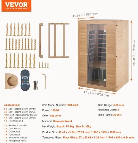 Far Infrared Wooden Sauna Room Domácí sauna Spa pro 2 osoby 1800 W