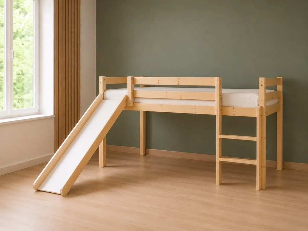 Dětská vyvýšená postel z masivu se skluzavkou 200x90 cm – přírodní lak
