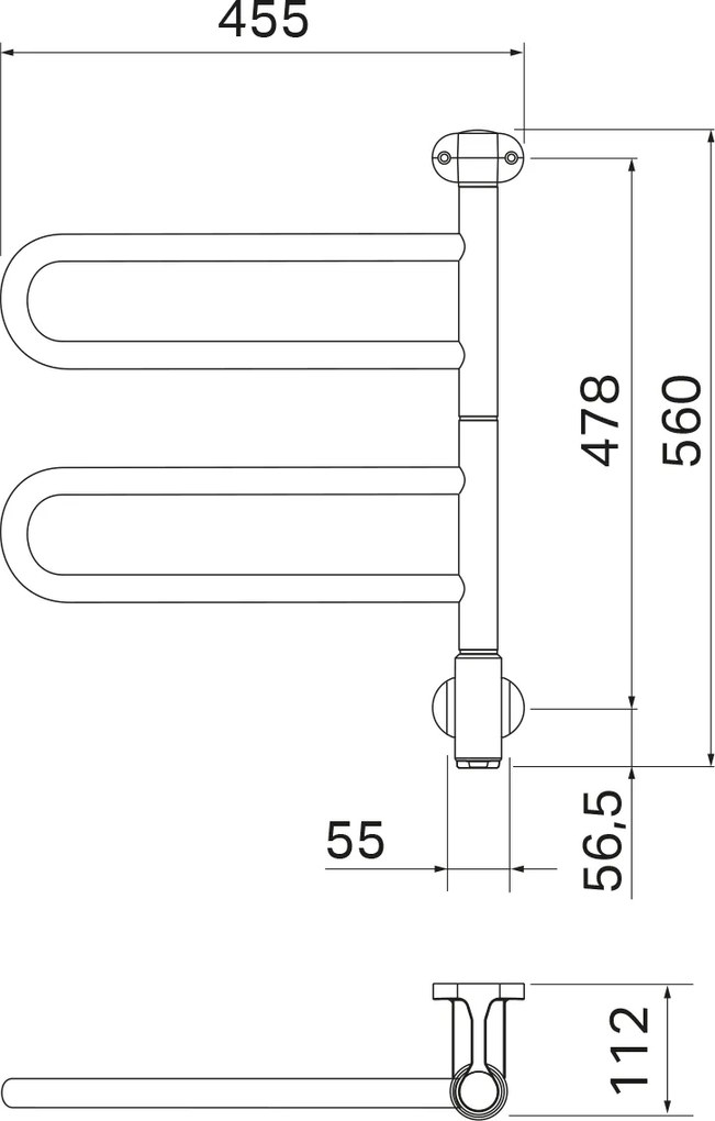 Elektrický sušák na ručníky – nerezový a černý koupelnový žebřík - 2 otočná oblouková ramena (PAX FLEX U) Barva: Černá, Šířka: 655 mm, Varianta el. ž…