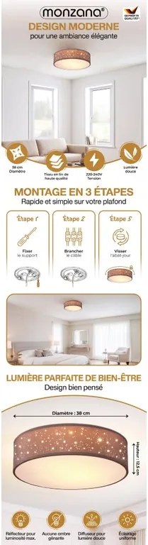Stropní svítidlo šedohnědý textil Ø38cm hvězdná obloha