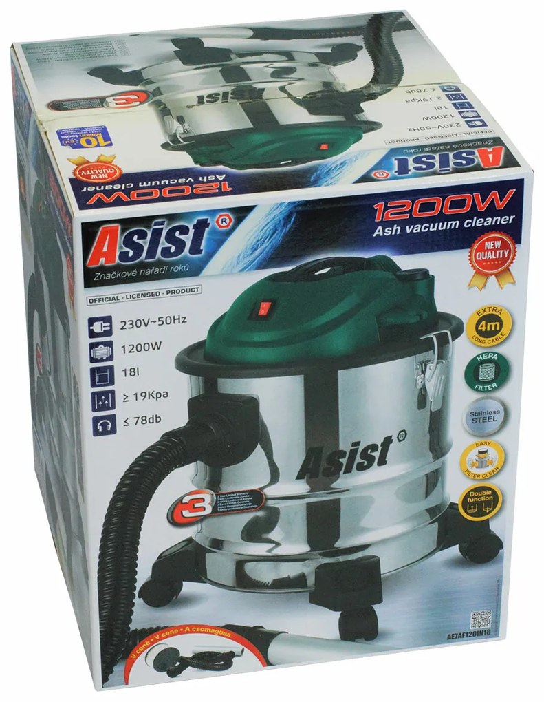 Asist AE7AF120IN18 vysavač popela s funkcí samočištění, 1200 W, 18 l