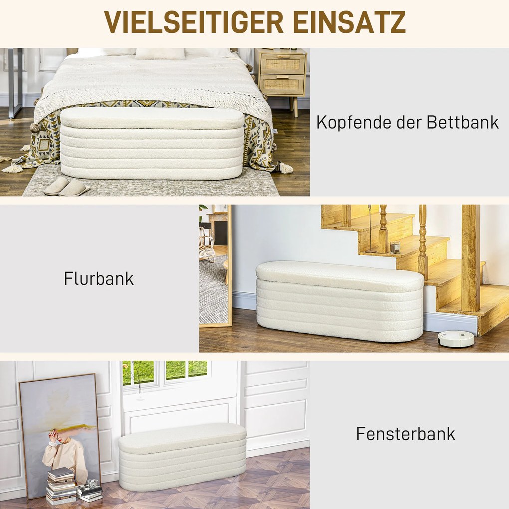 HOMCOM Ložnicová lavice s úložným prostorem a dřevěnými nohami, vysoká stabilita, plyšové rouno, nosnost 120 kg, 116x41x40,5 cm, krémově bílá | Aosom…