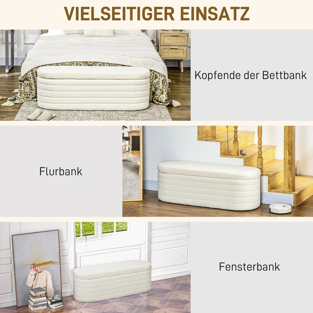 HOMCOM Ložnicová lavice s úložným prostorem a dřevěnými nohami, vysoká stabilita, plyšové rouno, nosnost 120 kg, 116x41x40,5 cm, krémově bílá