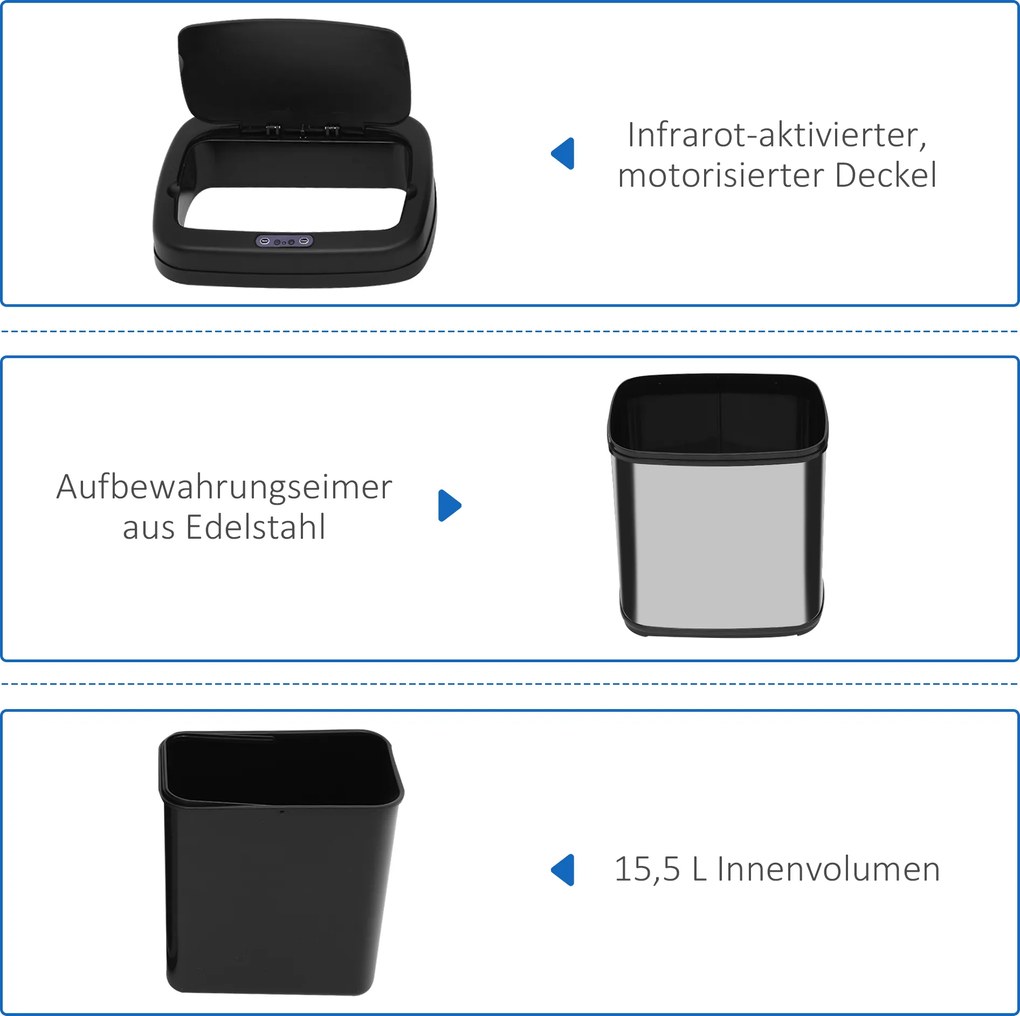 Senzorový odpadkový koš 20 l nerezová ocel Automatický odpadkový koš se senzorem pohybu, vnitřní koš 33 x 25 x 42,5 cm stříbrná+černá