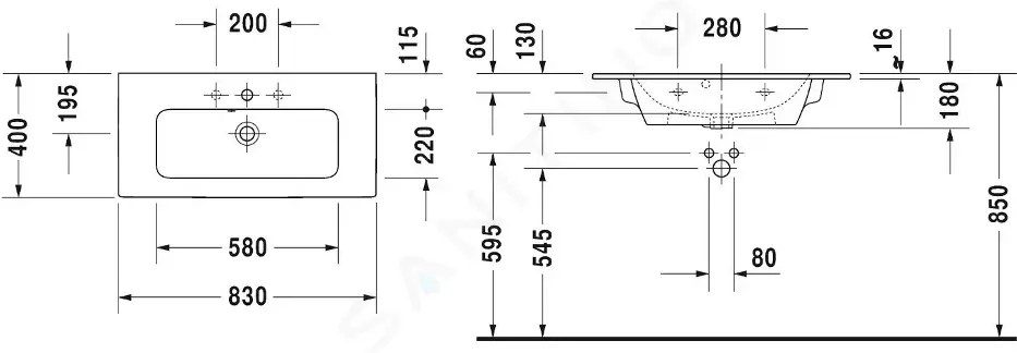 DURAVIT - ME by Starck Umyvadlo nábytkové Compact, 830x400 mm, bez otvoru pro baterii, alpská bílá (2342830060)