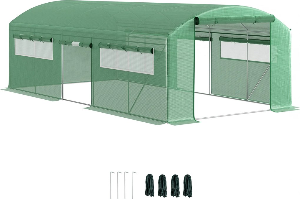 Outsunny Zahradní skleník 6x3x2 m Tunelový skleník se 6 síťovanými okny, UV-odolný PE potah a 3 rolovací zipové dveře pro zahradu | Aosom