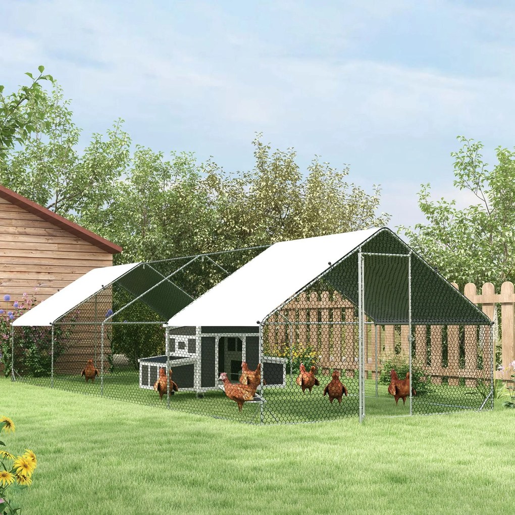 PawHut Velký venkovní kurník 24 m² pro 16-24 slepic 3x8x2 m Galvanizovaný ocelový kurník s PE krytem a zámkem - Stříbrný