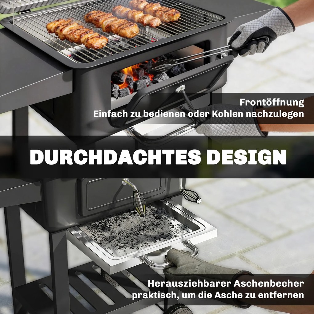 Outsunny Gril na dřevěné uhlí BBQ udírna s víkem Teploměr Výškově nastavitelná pánev na dřevěné uhlí Grilovací rošt Boční stolek Popelník