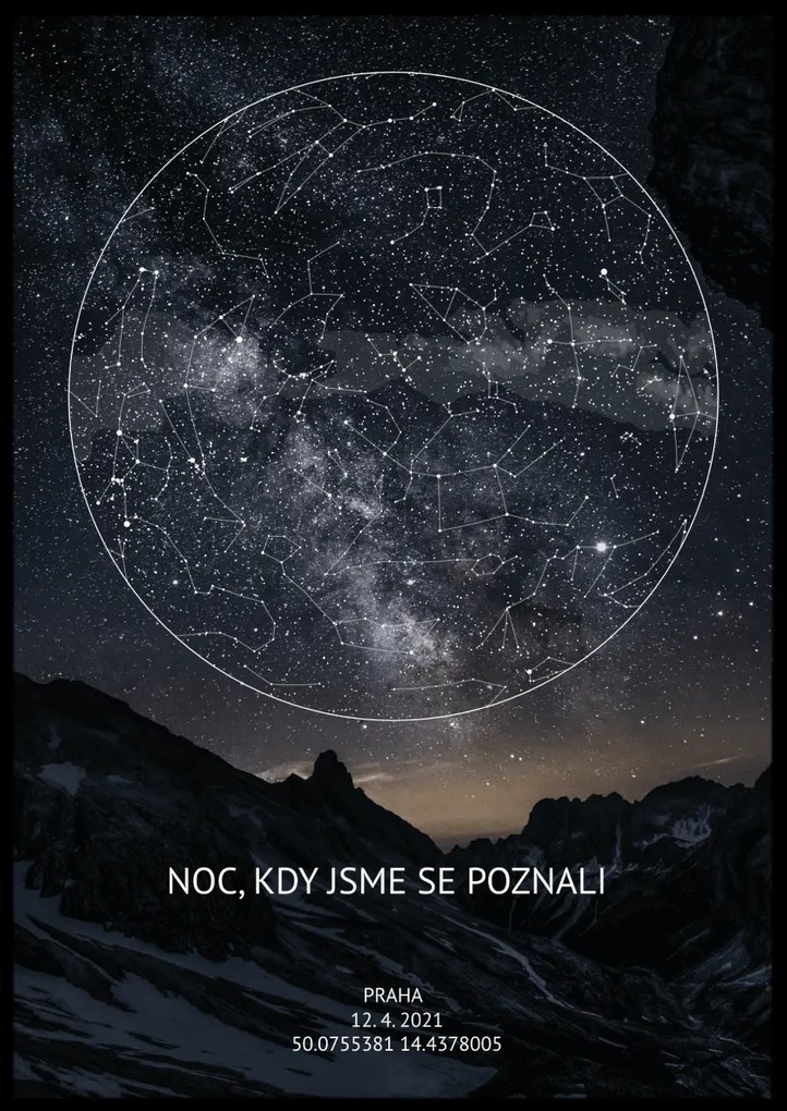 Plakát Hvězdná mapa vašeho životního okamžiku Velikost: A3 - 29,7x42 cm, Volba rámu: bez rámu, Vzhled: Nad Zemí