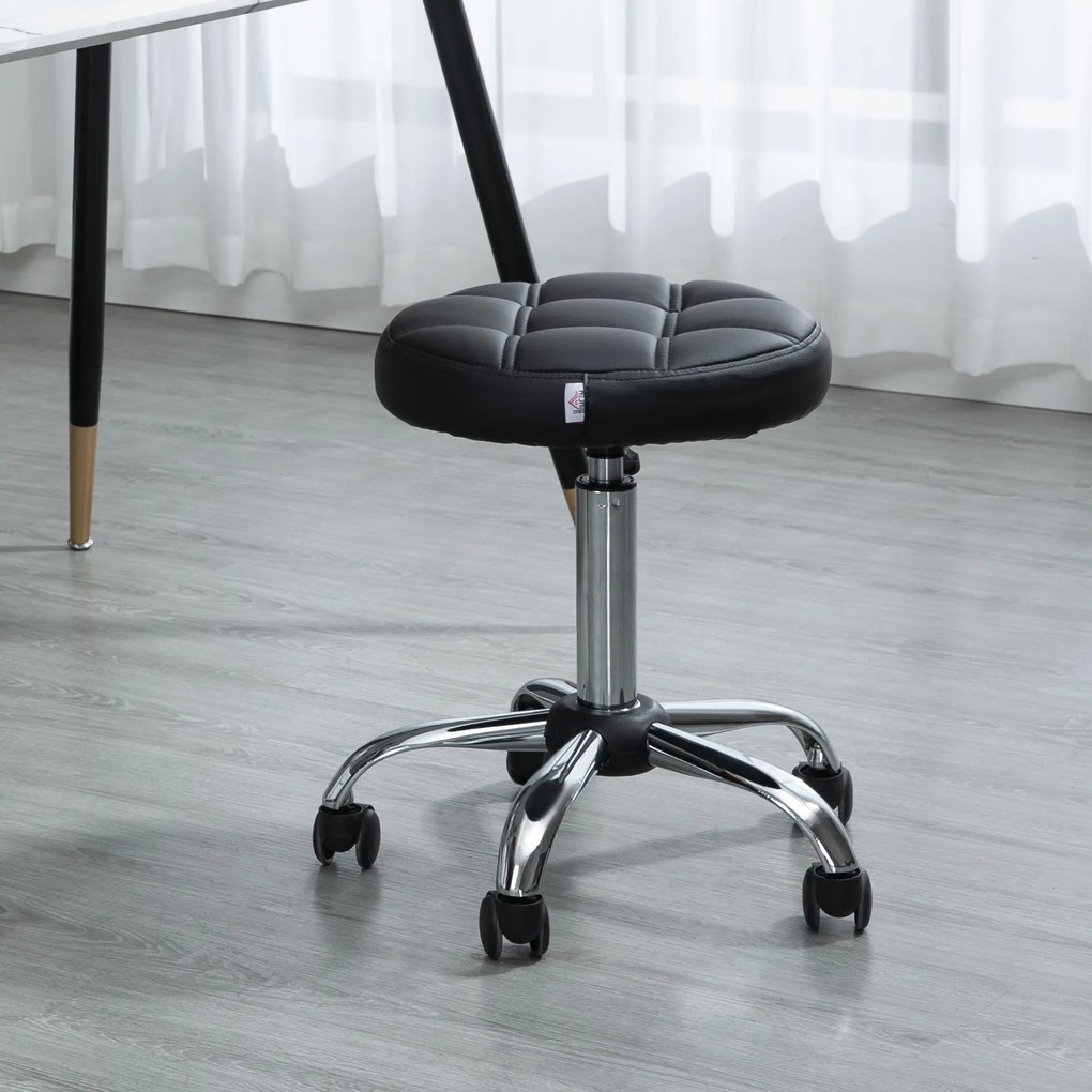 HOMCOM Vinsetto Roll Stool Výškově nastavitelná otočná pracovní stolička černá Ø35,5 cm, umělá kůže pro kancelář a salon 51-67 cm