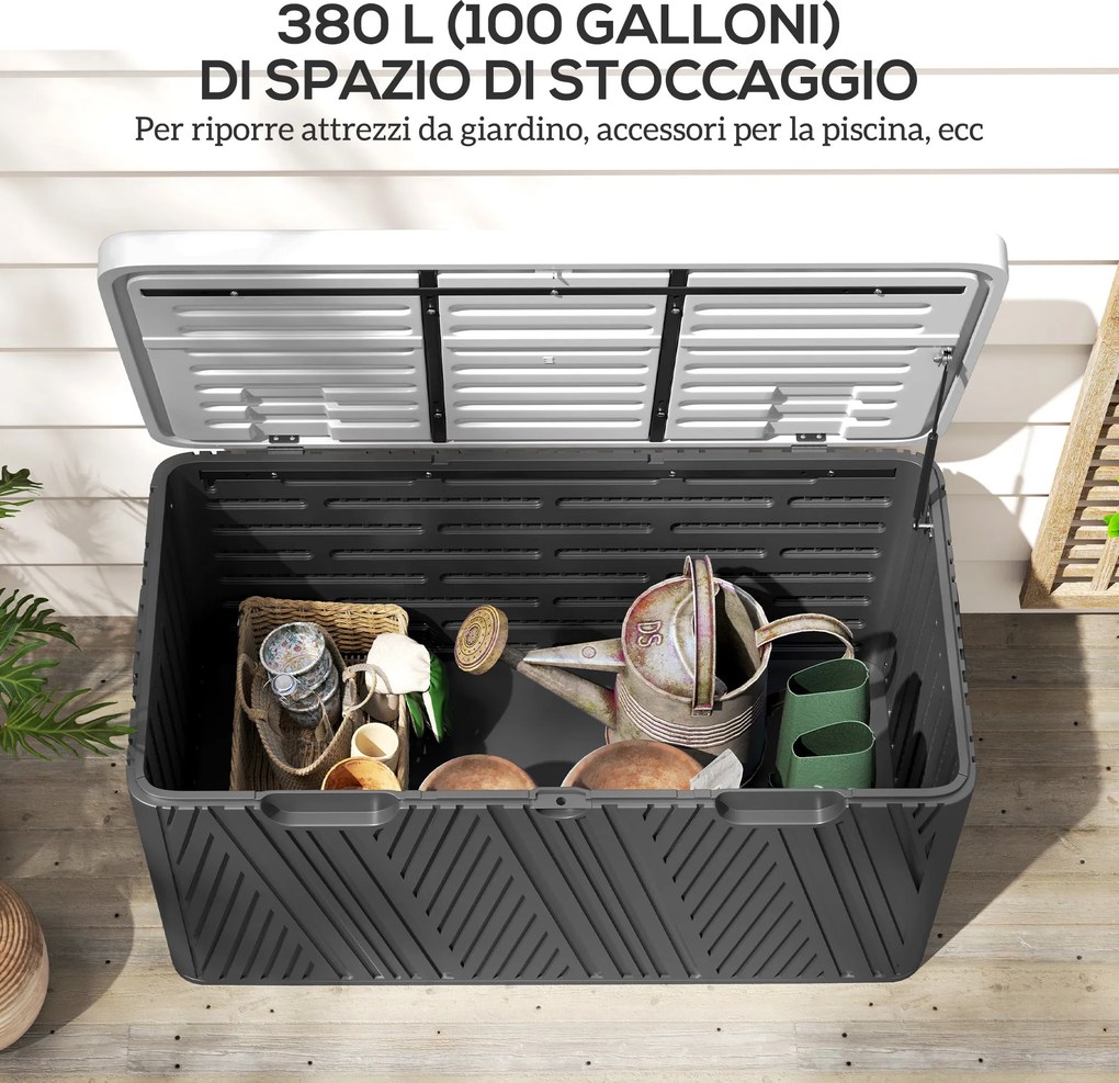 Outsunny 380L zahradní úložná lavice s plynovým pístem a 2 bočními držadly, voděodolná HDPE zahradní úložná sedačka, UV ochrana, 115x60x60 cm, černá …