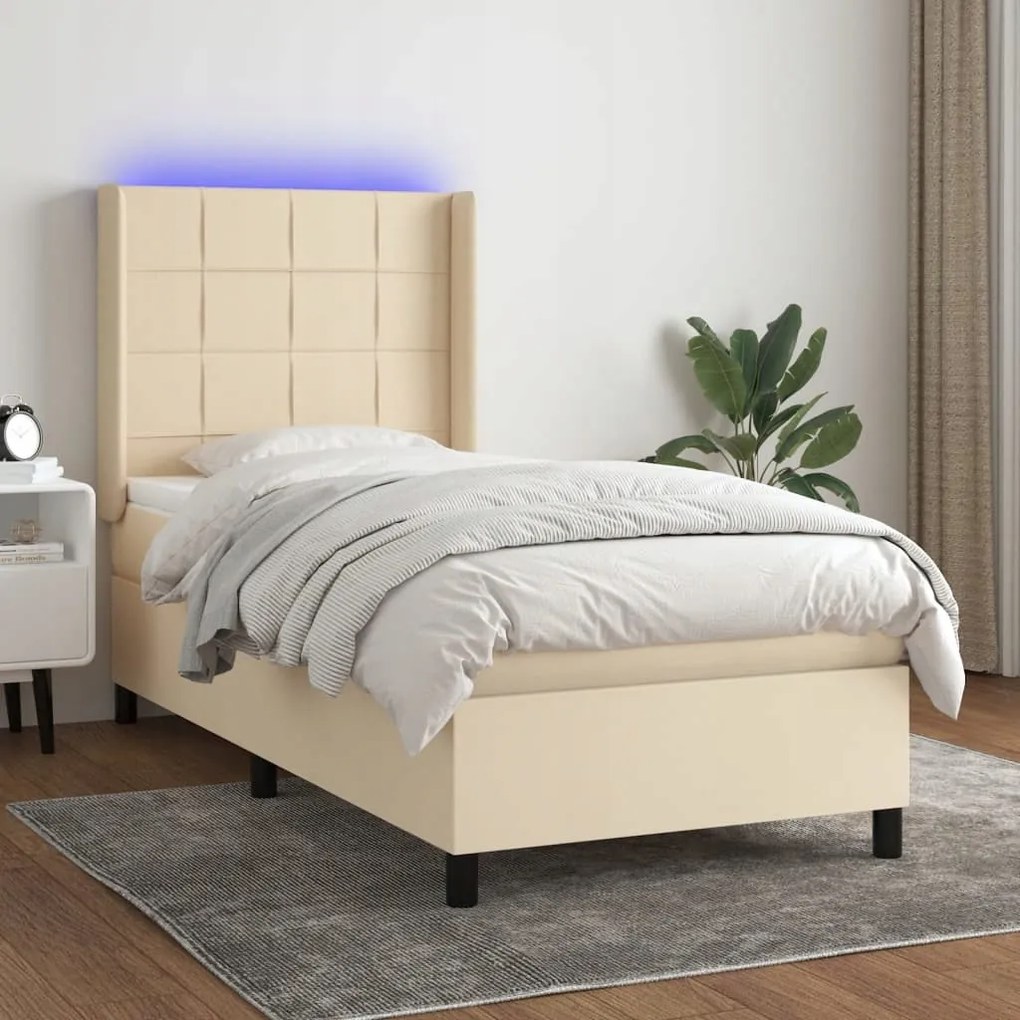 Box Spring Postel S Matrací A Led Textil Krémová Blok se čtverci 80 x 200