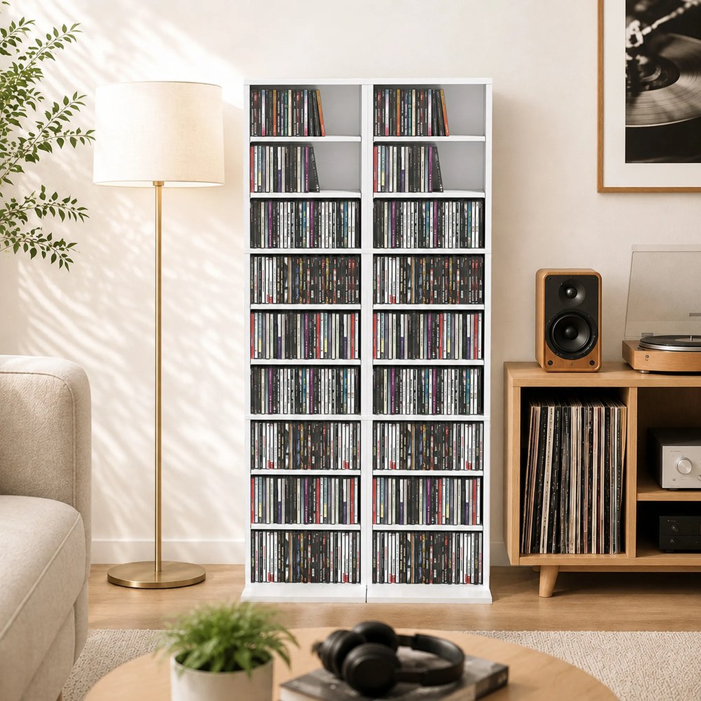 HOMCOM Police na CD/DVD, 9 úrovní, úzká volně stojící police se 6 nastavitelnými policemi, pro 260 CD, bílá