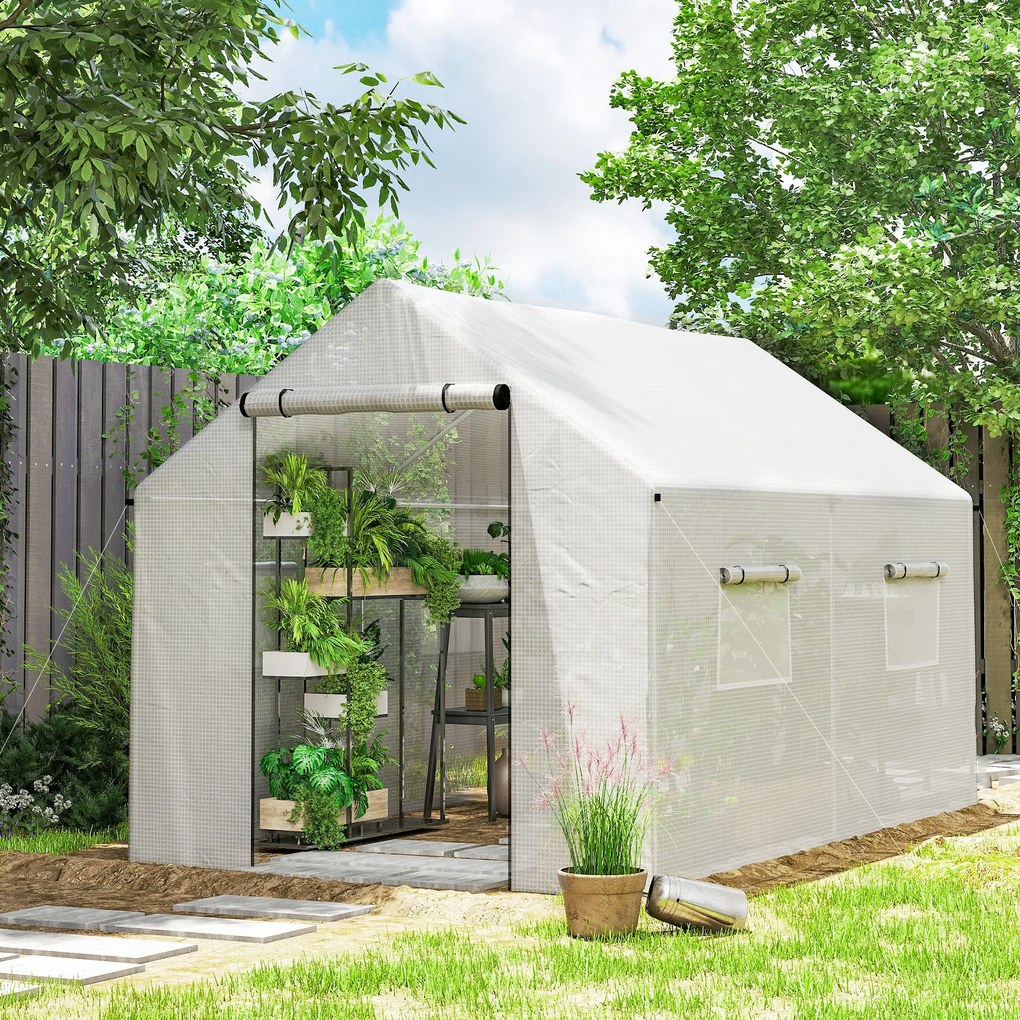Outsunny Zahradní Skleník 2x3x2 m Tunelový Skleník s 4 Síťovými Okny a Zipovým Dvéřím Proti UV pro Terasu Zahradu Bílý