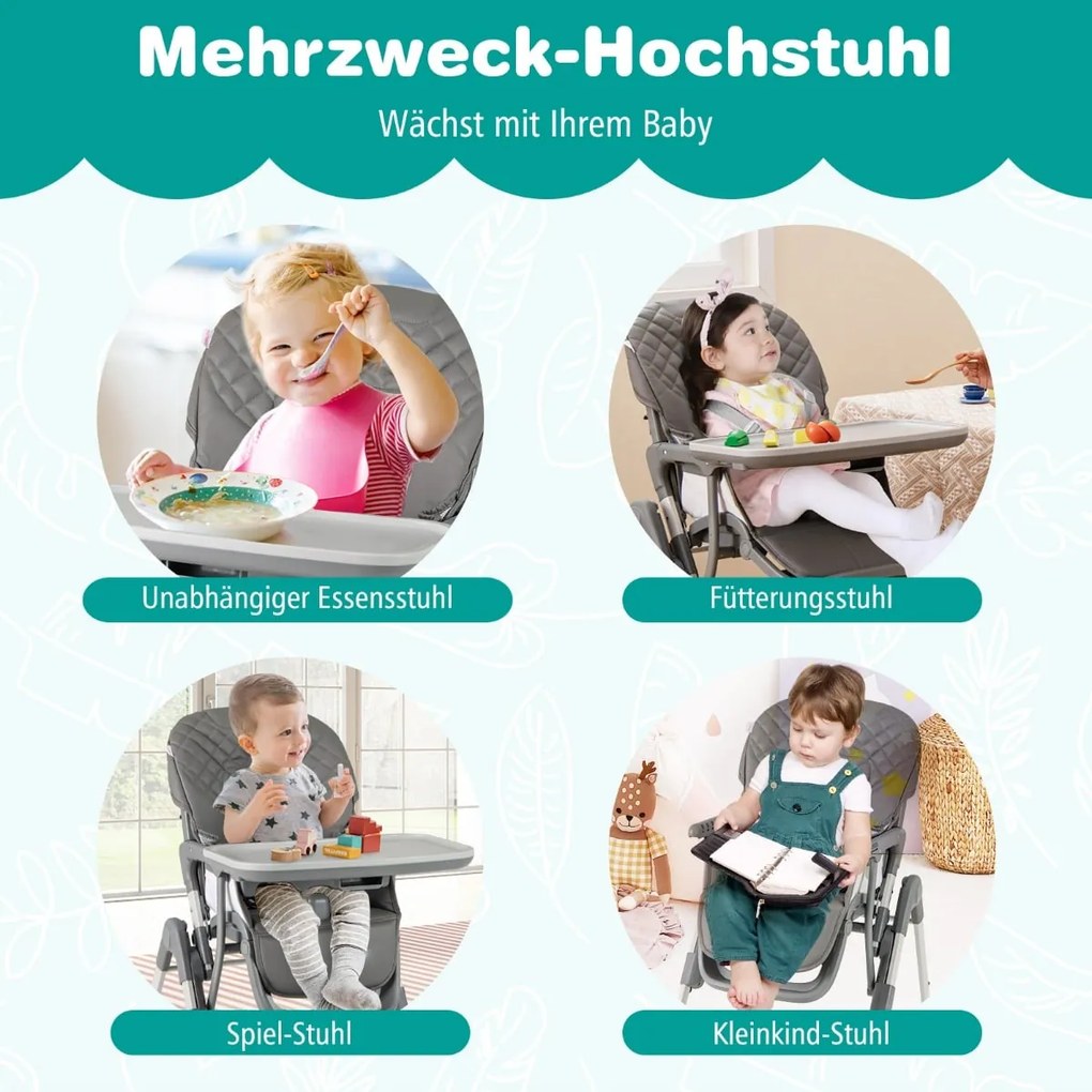 Costway Vysoká stolička baby skládací dětská vysoká stolička s funkcí – šedá