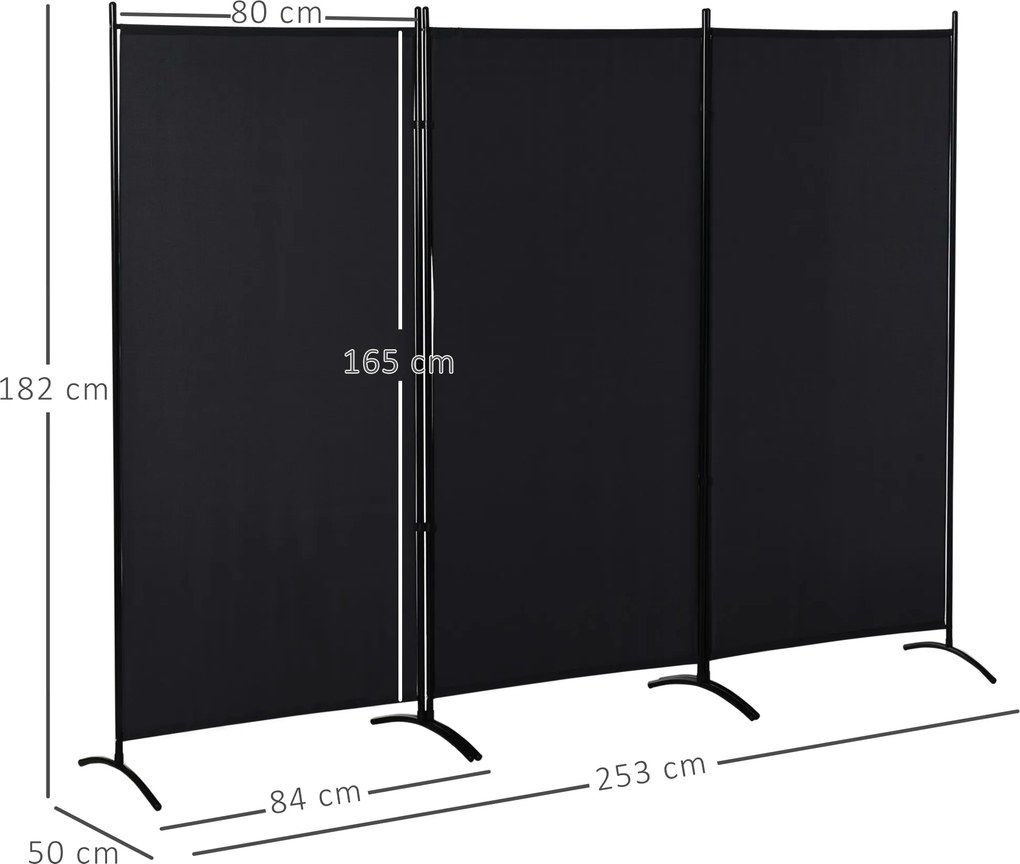 HOMCOM 3-panelový paraván 2,53m x 0,5m x 1,82m s bočním slunečníkem, větrným štítem na stojanu z kovu a polyesteru s vysokou hustotou - Černý | Aosom