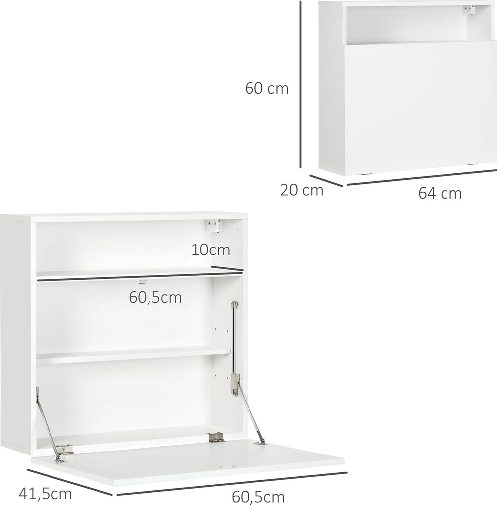 HOMCOM Moderní nástěnný skládací stůl s úložnými policemi, nosnost 40 kg, pro ložnici, obývací pokoj, kancelář 64x20x60 cm Bílý