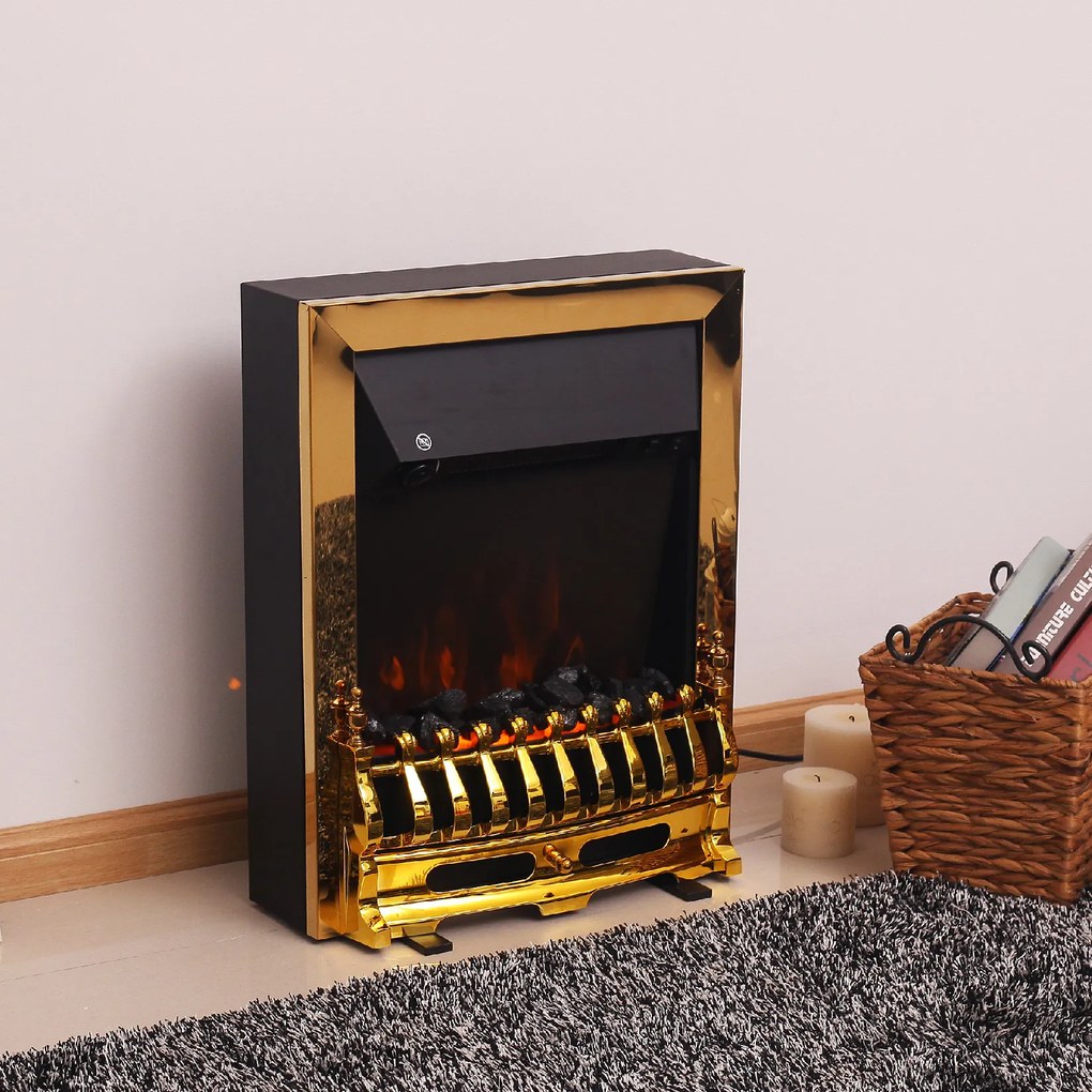 Elektrický krb HOMCOM Stojanový krb s efektem plamene 1000/2000W 48,2 x 18,5 x 59,2 cm ve zlaté barvě pro příjemné večery |
