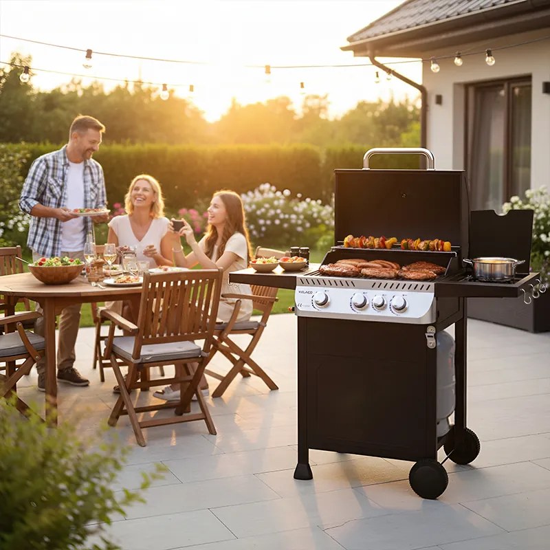 Velaco Plynový BBQ gril s boční plotýnkou, poličkou a krycí plachtou - APOLLO-B, 3+1 hořák