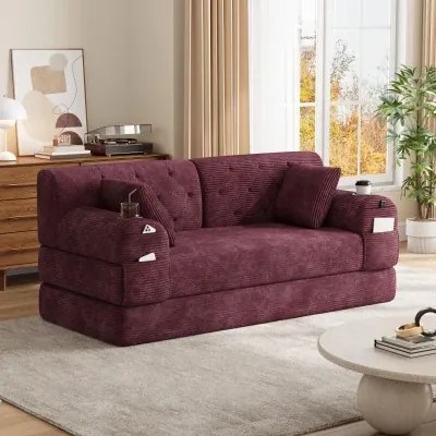Aosom Dvojitá stlačená manšestrová pohovka, kovový rám, 2 držáky na nápoje a 4 boční kapsy, 168D x 80Š x 81V cm, vínová