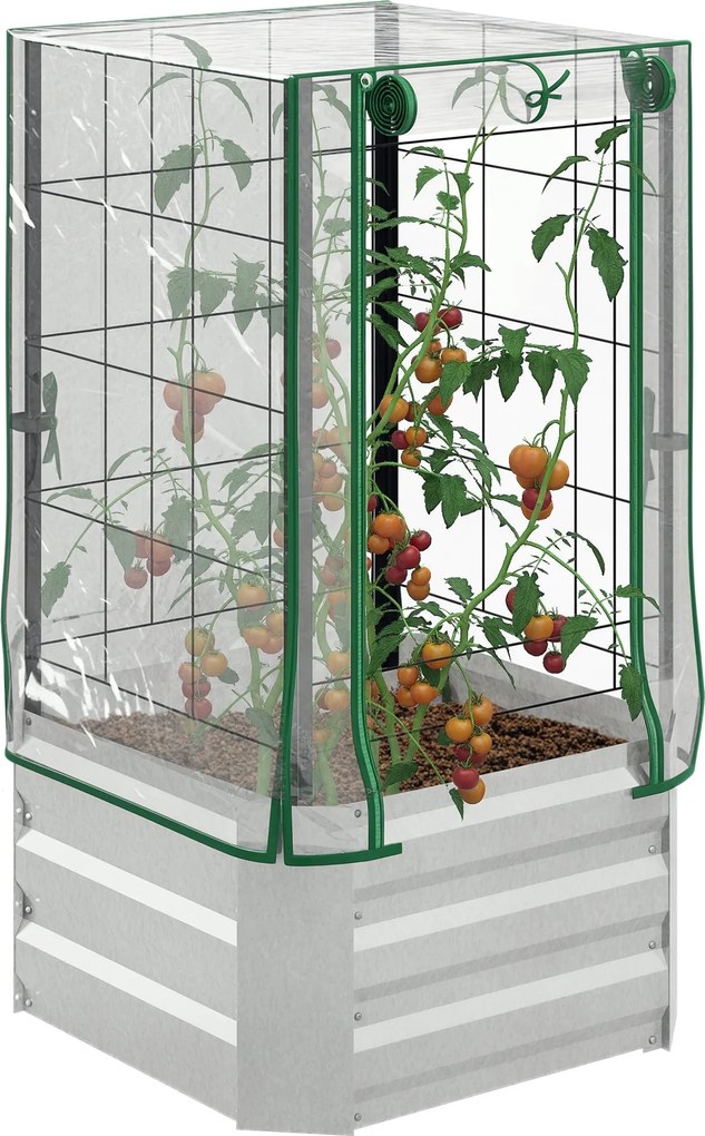 Vyvýšený zahradní záhon s treláží Outsunny, 53 x 53 x 90 cm pro zahradu, balkon a terasu, květináč pro popínavé rostliny, košíkové rostliny a květiny