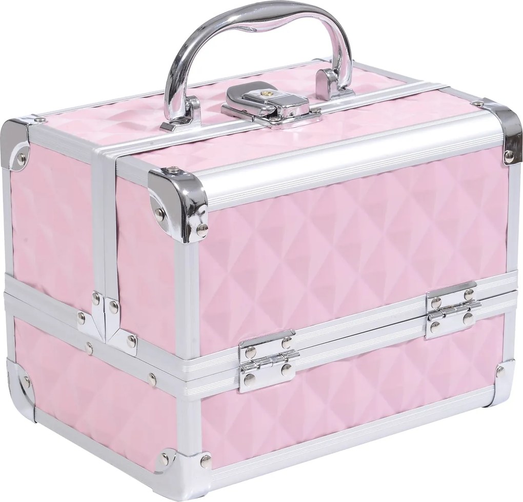 HOMCOM Profesionální Kosmetický Organizér na Make-up S Zrcadlem a Zámkem - Přenosná Taška na Make-up s Více Přihrádkami 20x15x15cm Hliníková