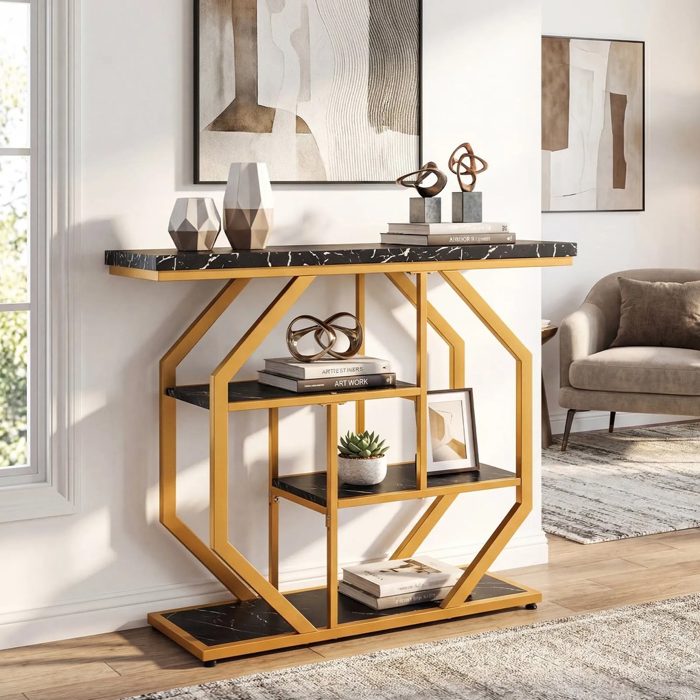 Costway 100 cm konzolový stolek 4patrový moderní s policemi a deskou z černého